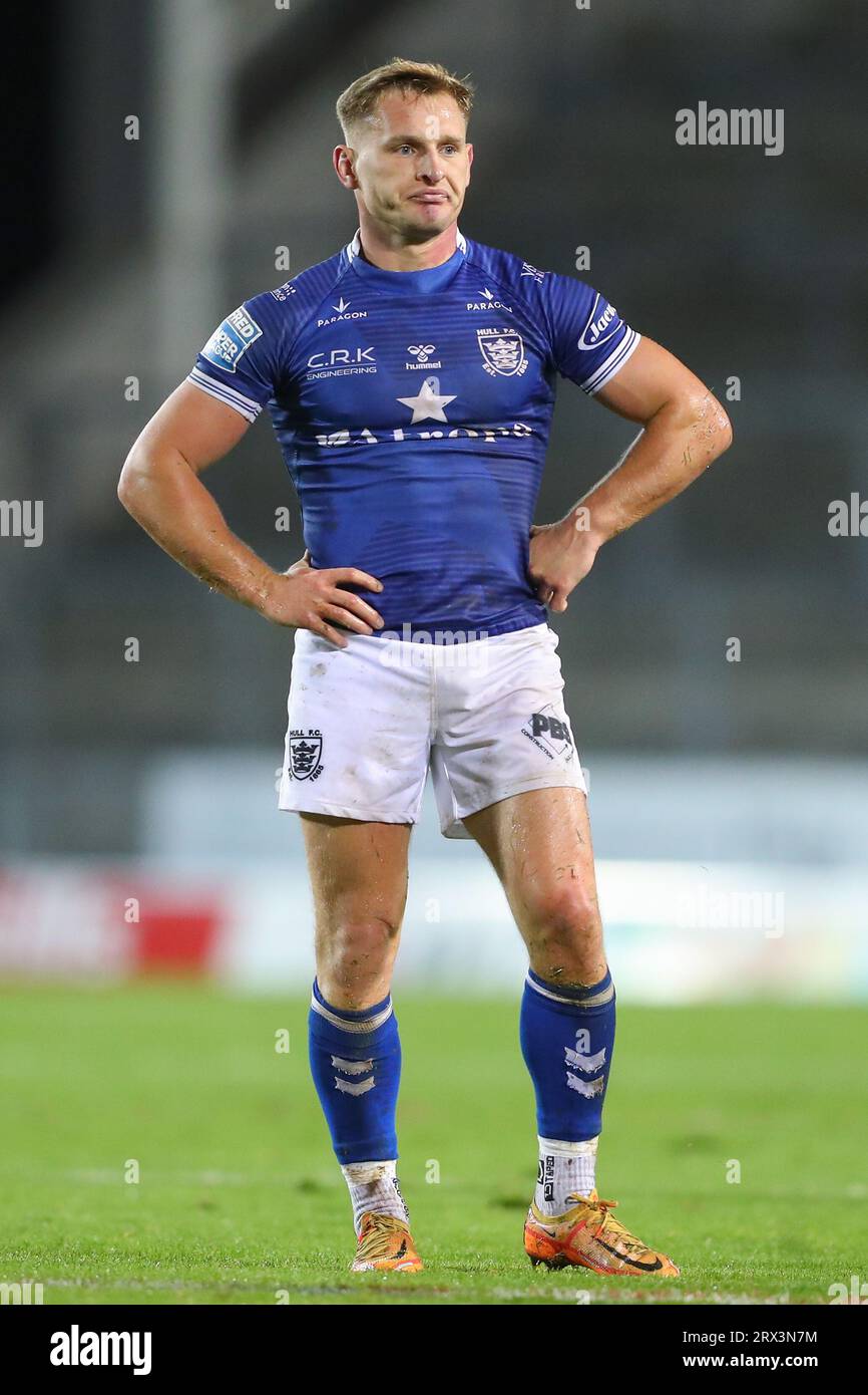 St Helens, UK. 22nd Sep, 2023. Brad Dwyer #33 of Hull FC reacts during the Betfred Super League ...