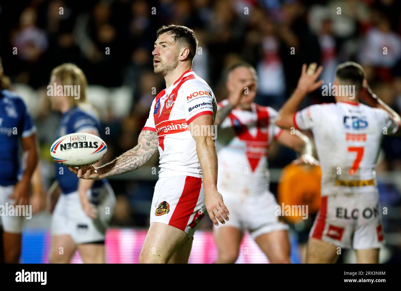 St Helen's Mark Percival reacts after scoring his sides first try ...