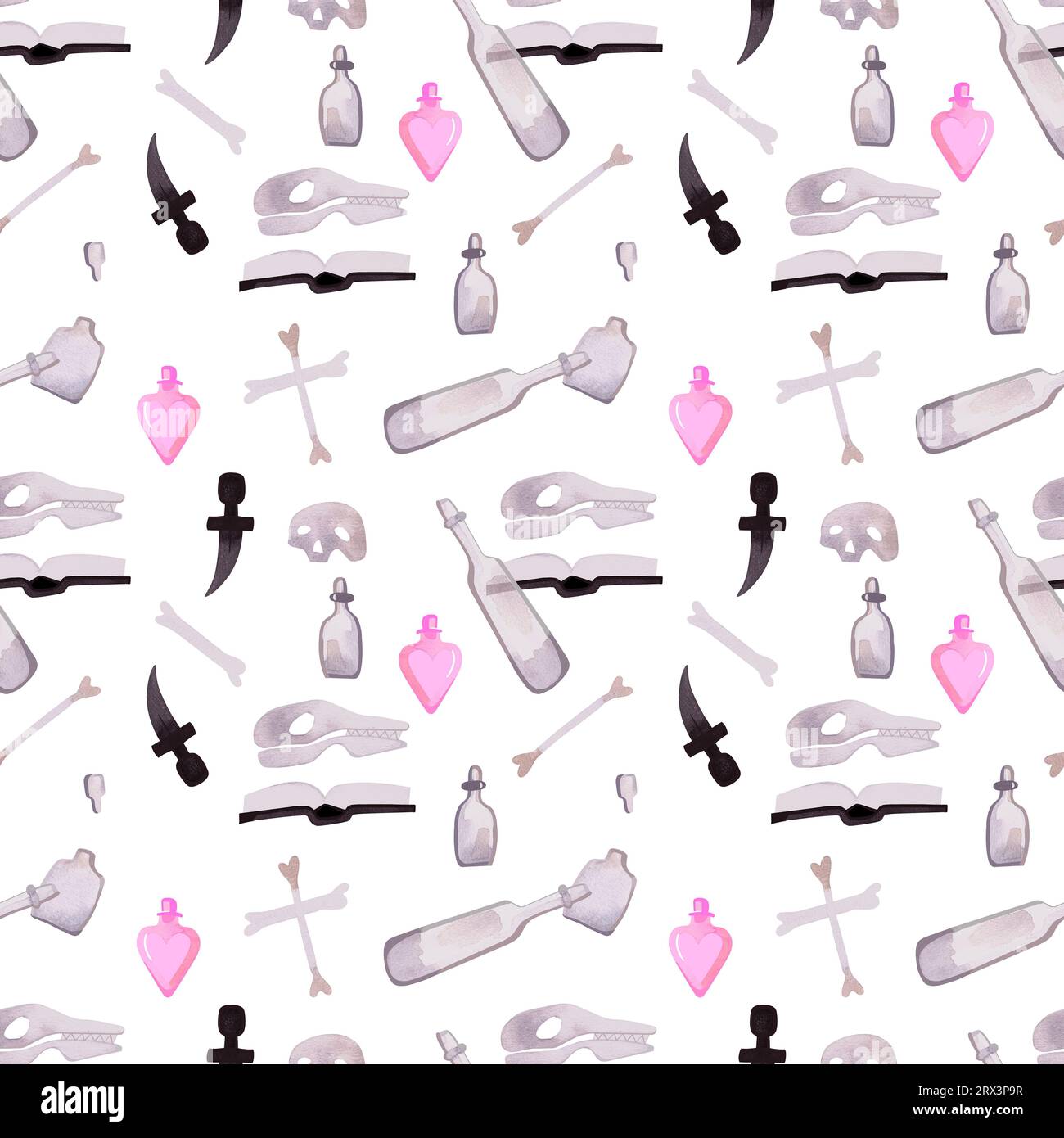 Witch seamless pattern. Skulls, bones, flasks and potions, a book, a ...