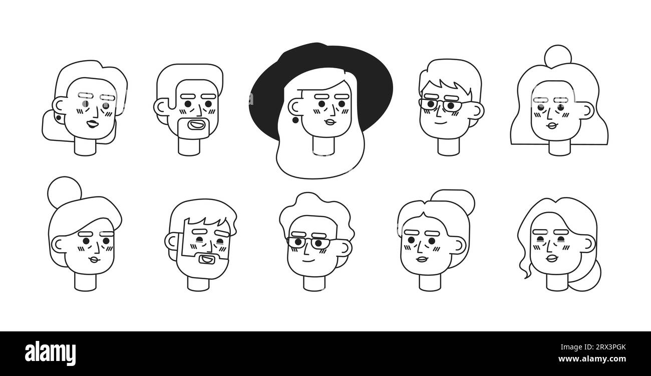 Elderly happy diverse black and white 2D vector avatars illustration ...