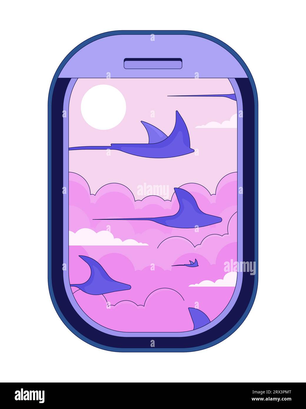 Aircraft window with flying ray fish in sky 2D linear cartoon object ...