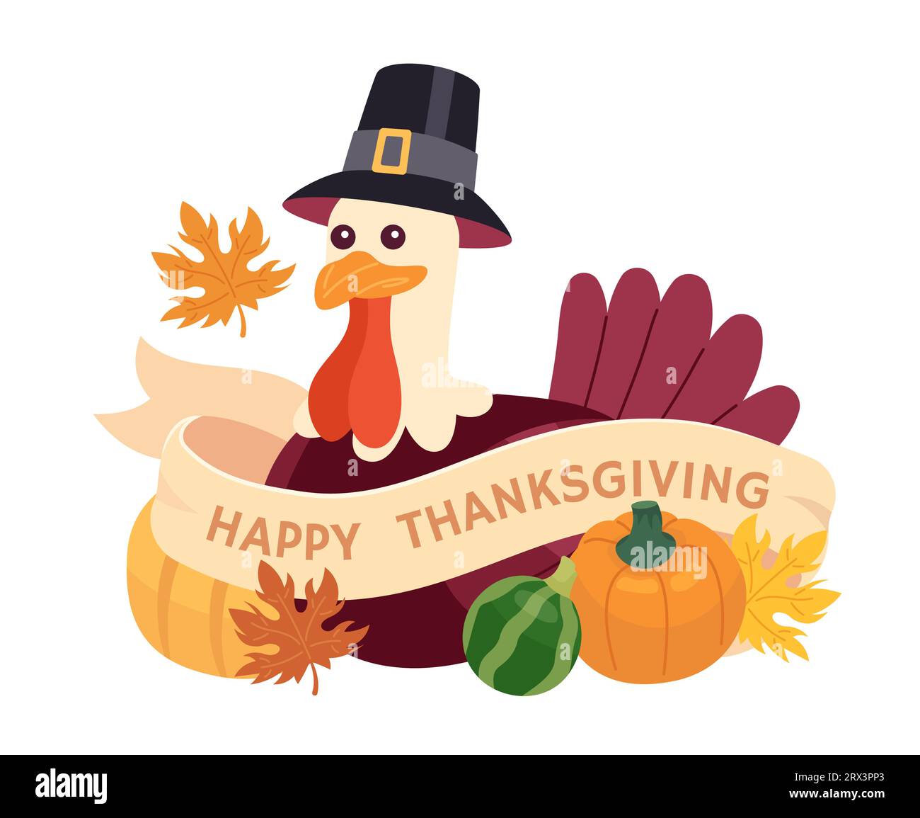 Fall thanksgiving pilgrim turkey 2D illustration concept Stock Vector ...