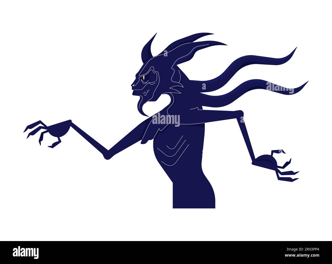 Walking scary monster with horns and tentacles 2D linear cartoon ...