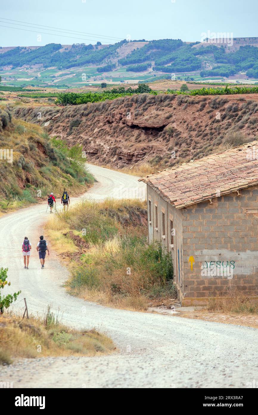 Pilgrims walking the Camino de Santiago pilgrimage route, the way of St ...