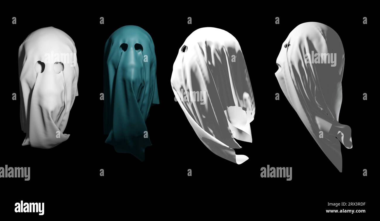 Set of black and white spooky scary Halloween ghosts. 3D render ...