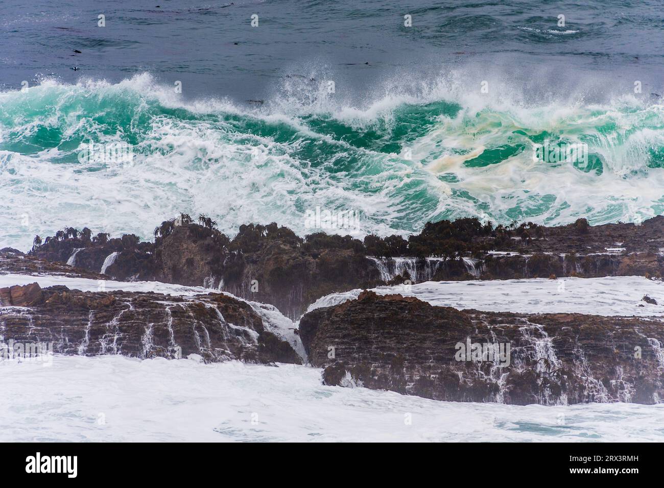 White-capped crashing waves and high surf off the rocky coastline of ...