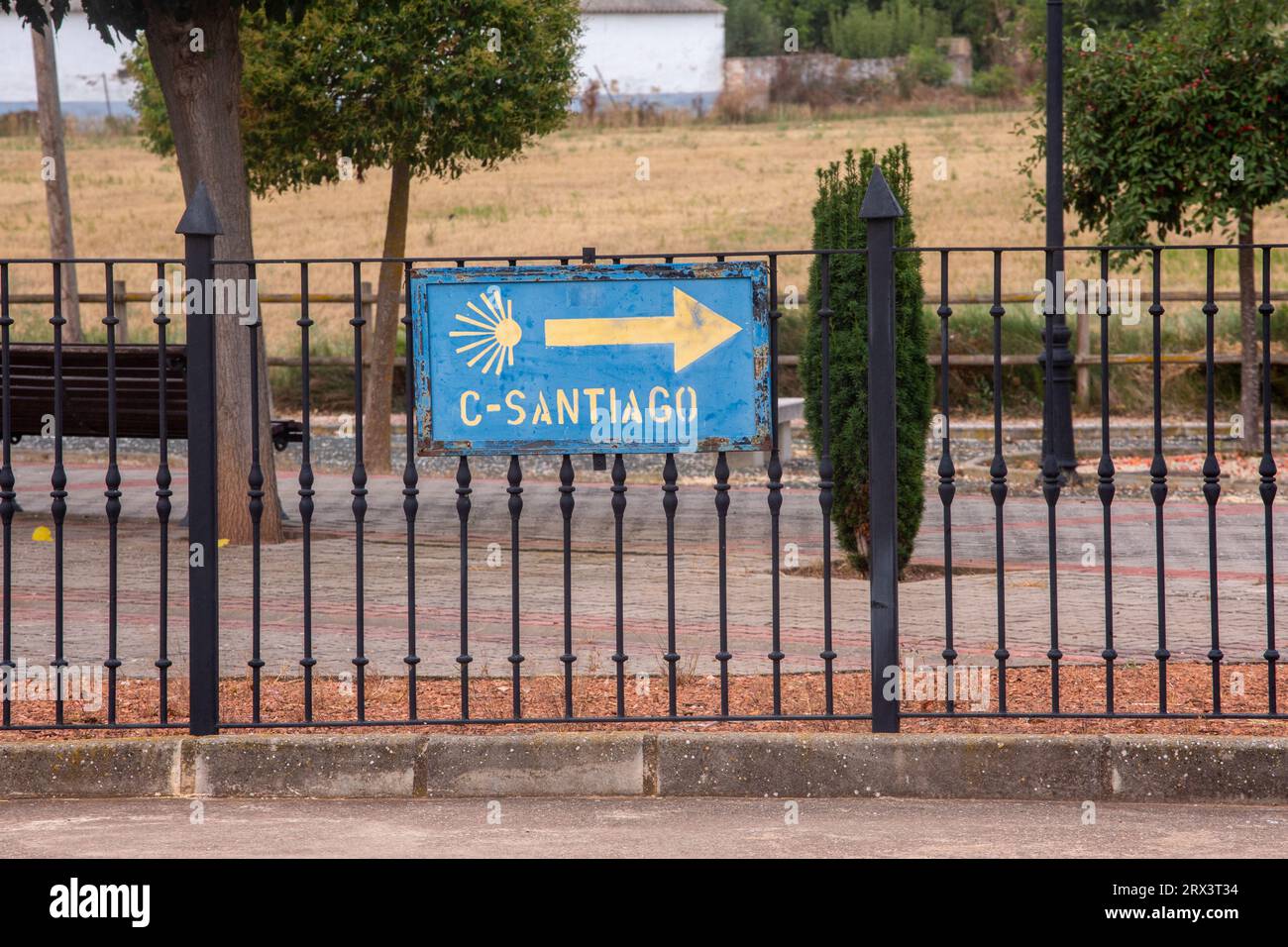 Direction sign post waymarker on the Camino de Santiago the way of St ...