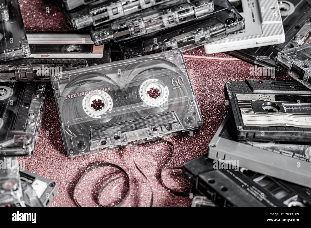 Group of overlapping cassettes, in the center a cassette with the tape ...