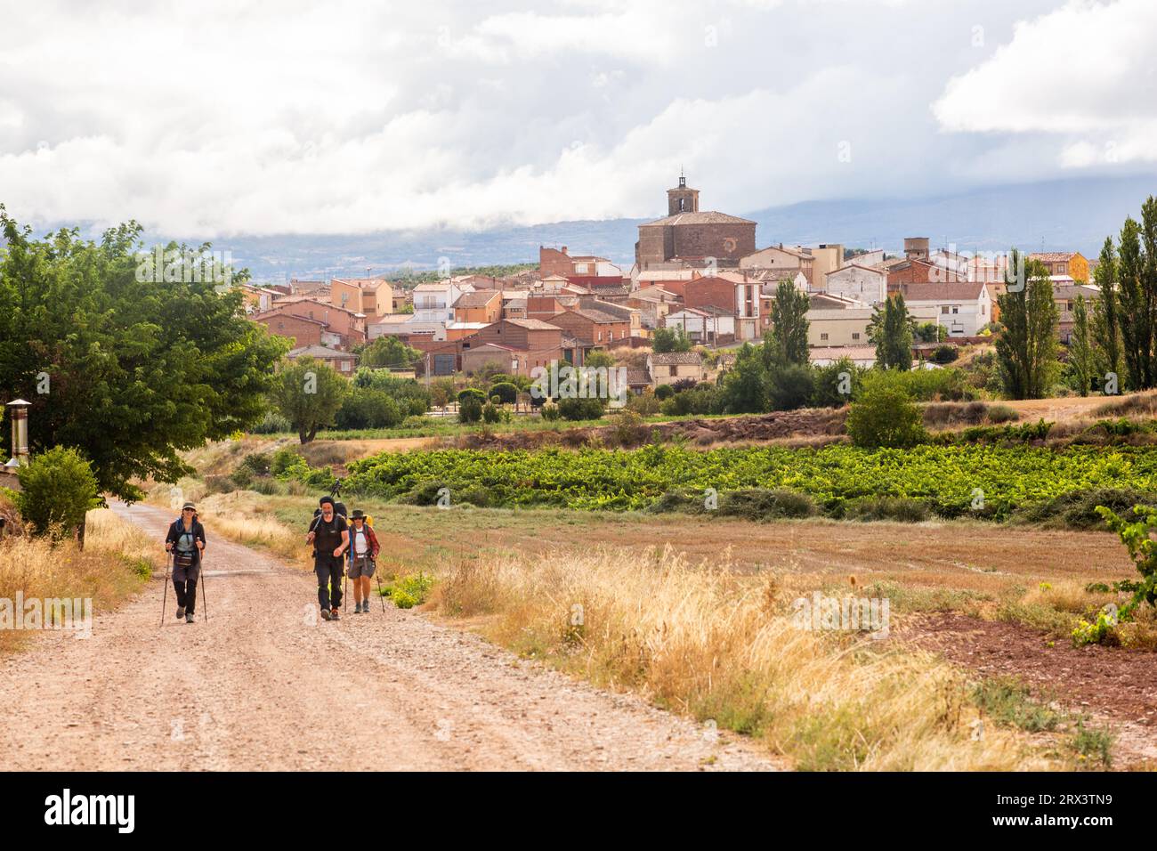 Pilgrims walking the Camino de Santiago pilgrimage route, the way of St ...