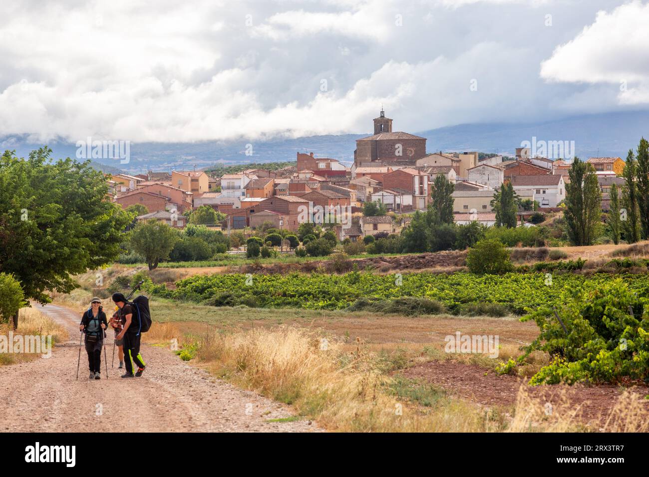 Pilgrims walking the Camino de Santiago pilgrimage route, the way of St ...