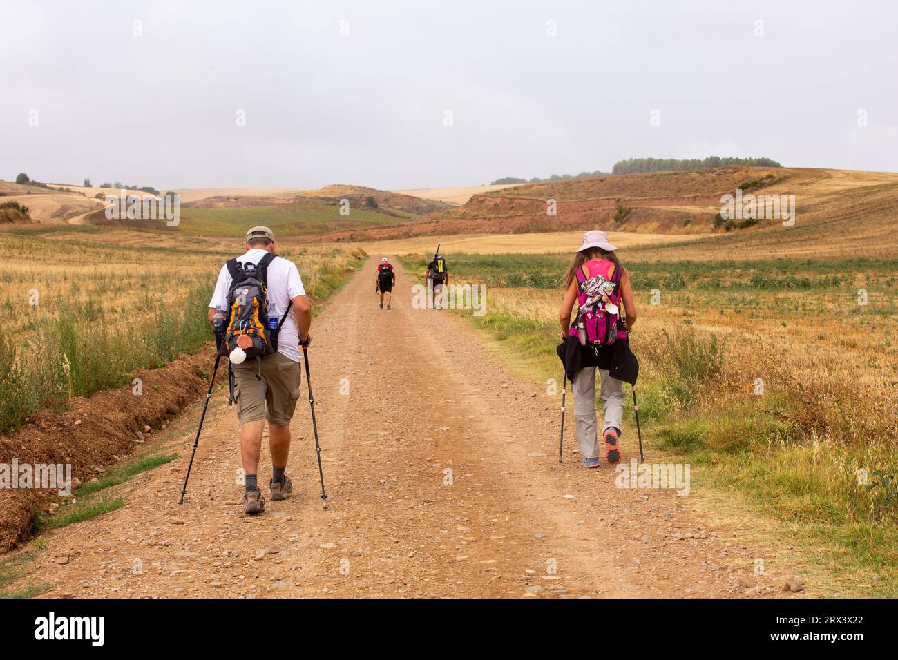 Pilgrims walking the Camino de Santiago pilgrimage route, the way of St ...