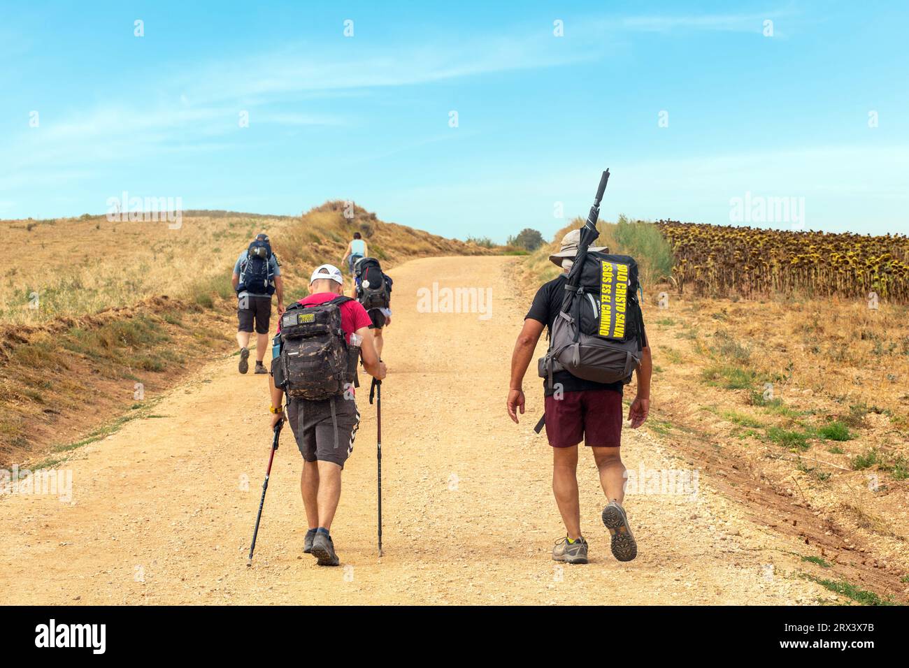 Pilgrims walking the Camino de Santiago pilgrimage route, the way of St ...