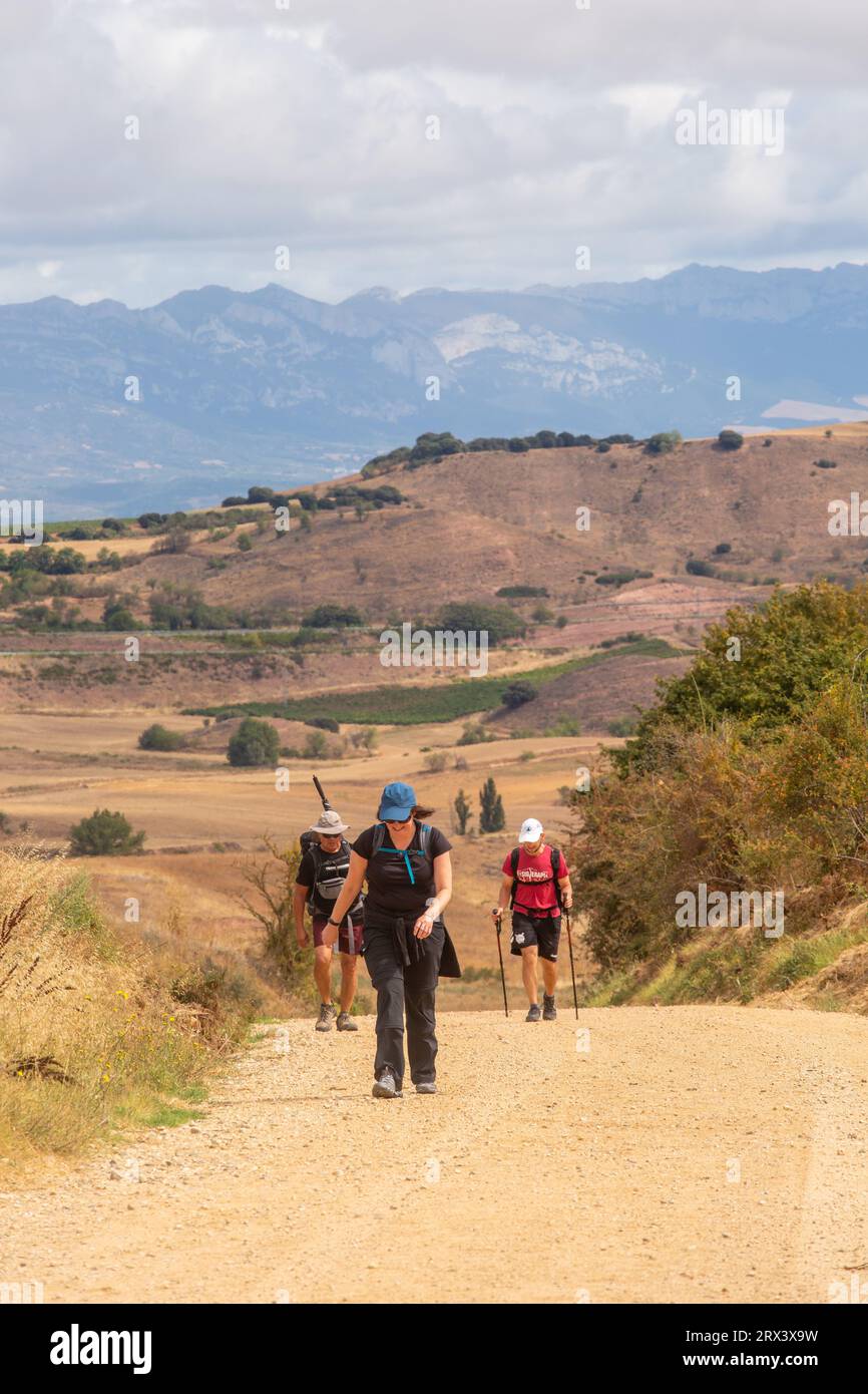 Pilgrims walking the Camino de Santiago pilgrimage route, the way of St ...