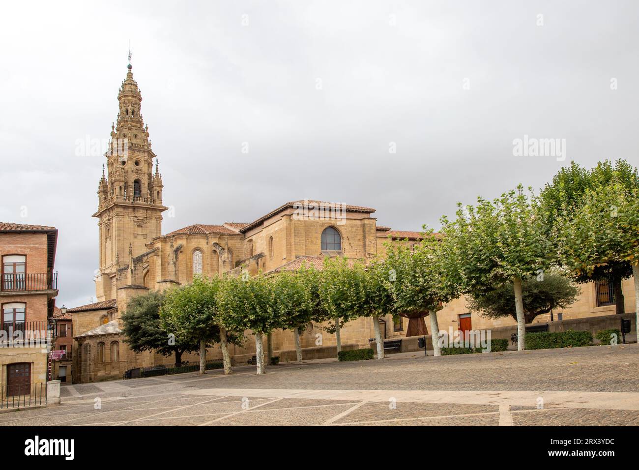 View of the cathedral from the Plaza Mayor in the Spanish town of Santo ...