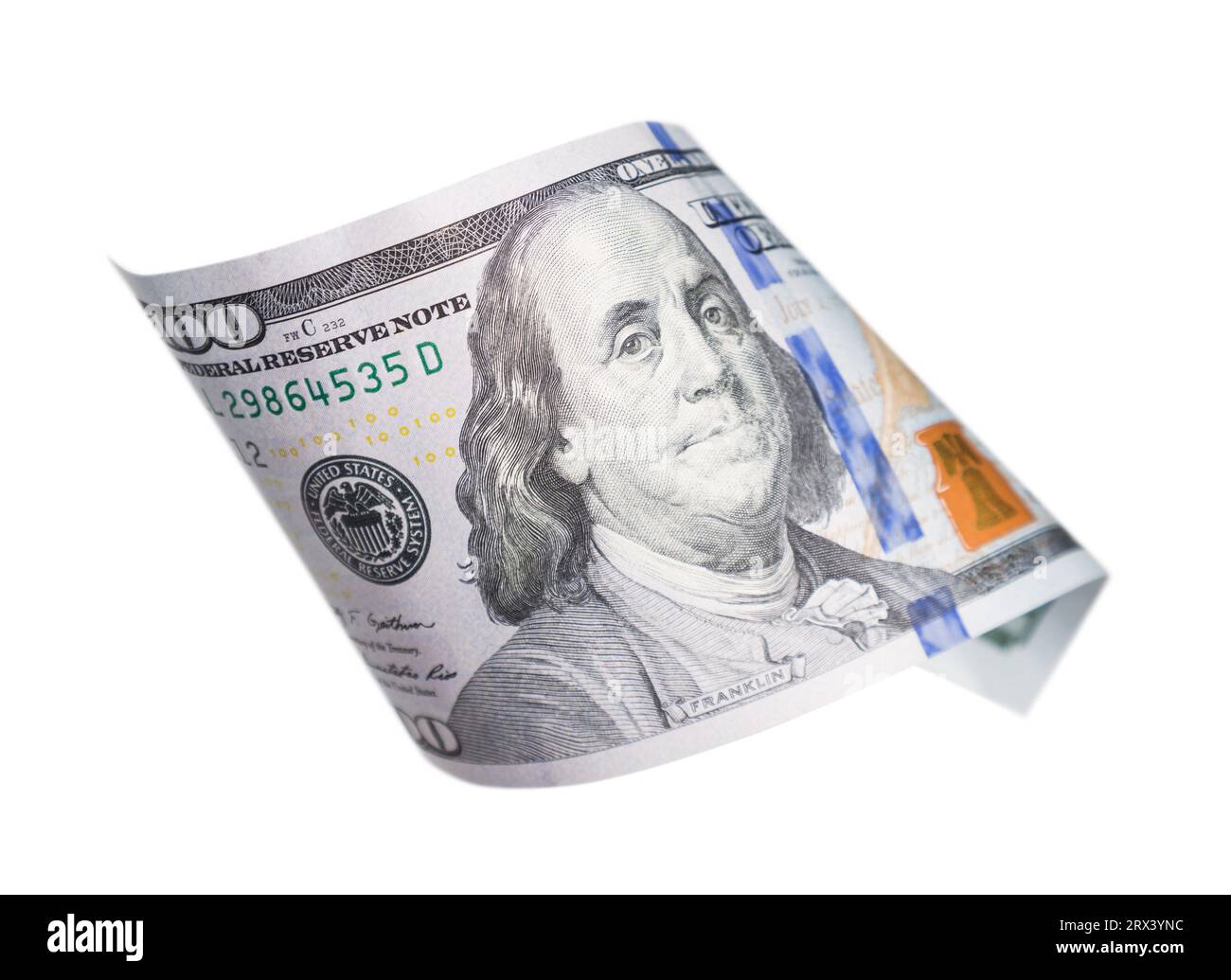 One Hundred Dollar Bill Falling or Floating on Empty Background Stock ...