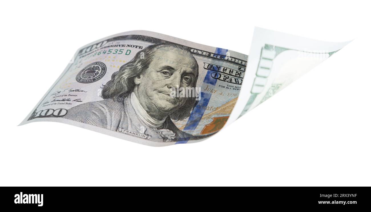 One Hundred Dollar Bill Falling or Floating on Empty Background Stock ...