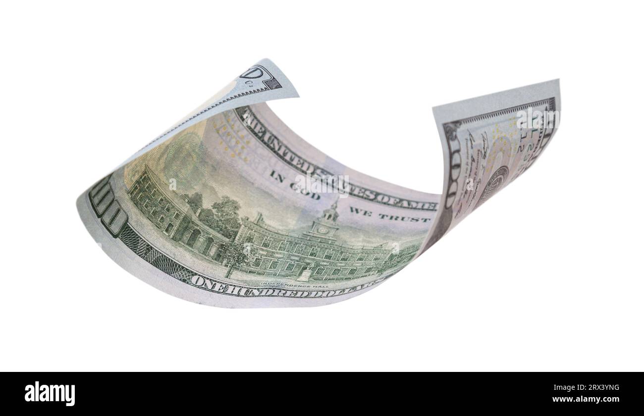 One Hundred Dollar Bill Falling or Floating on Empty Background Stock ...