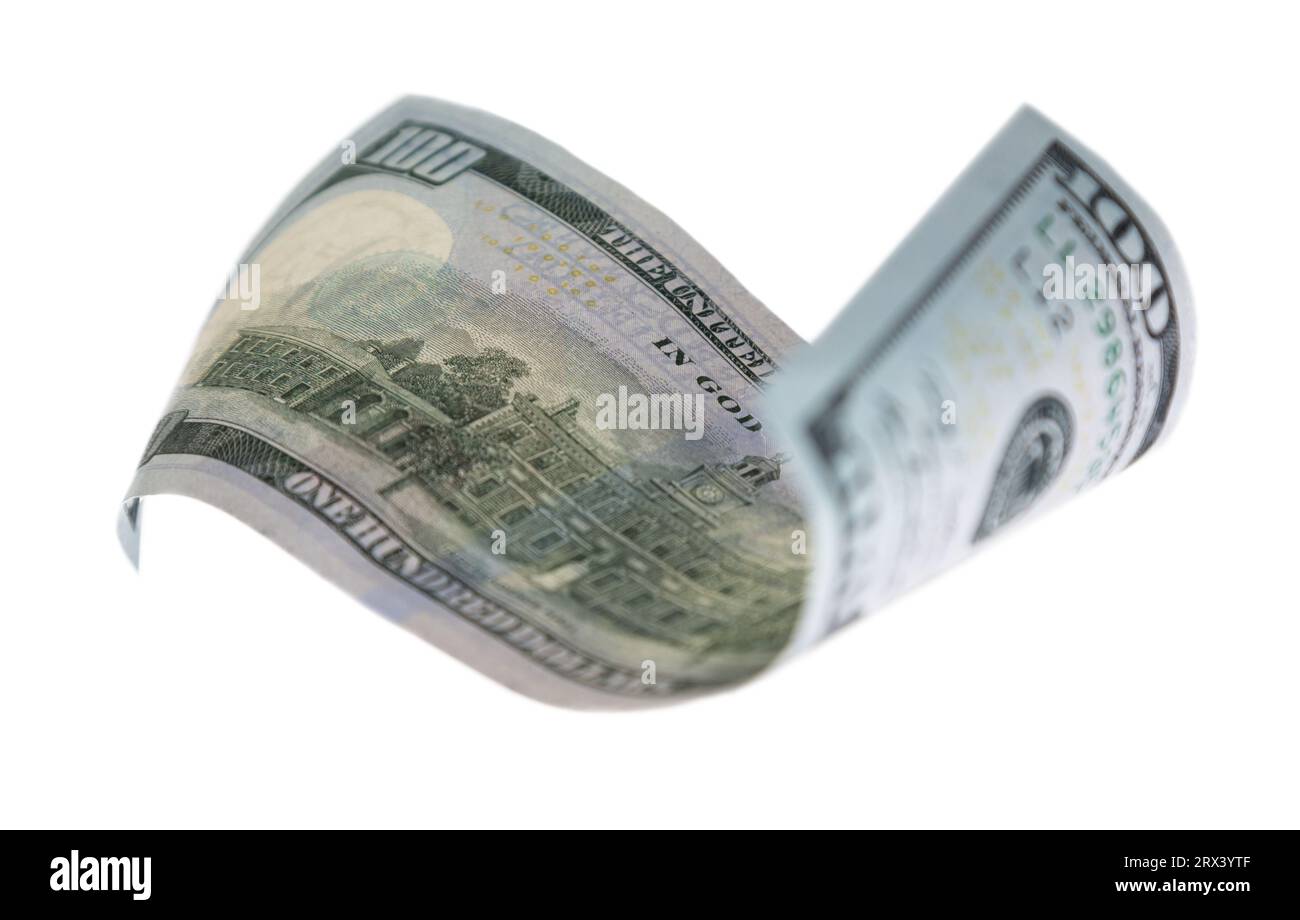 One Hundred Dollar Bill Falling or Floating on Empty Background Stock ...
