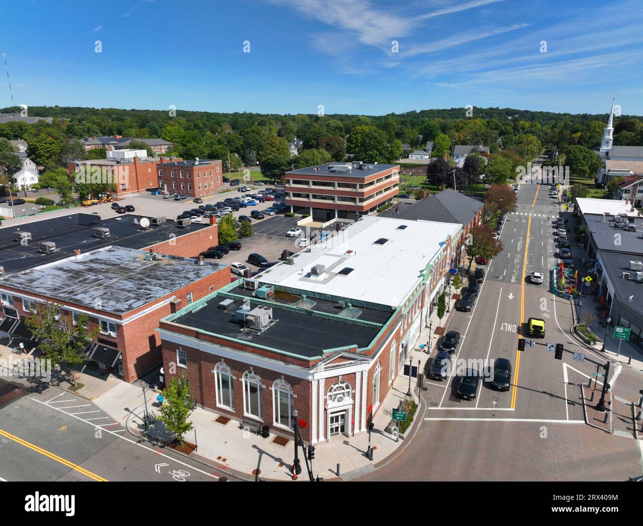 Needham historic town center aerial view on Highland Avenue and Great ...