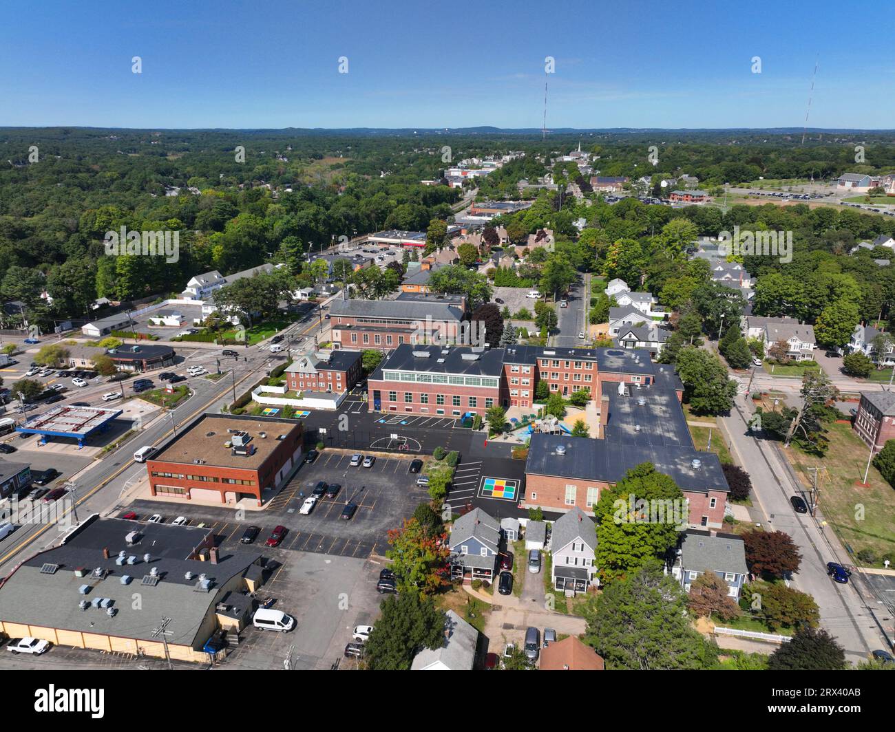 Needham historic town center aerial view on Highland Avenue and Great ...