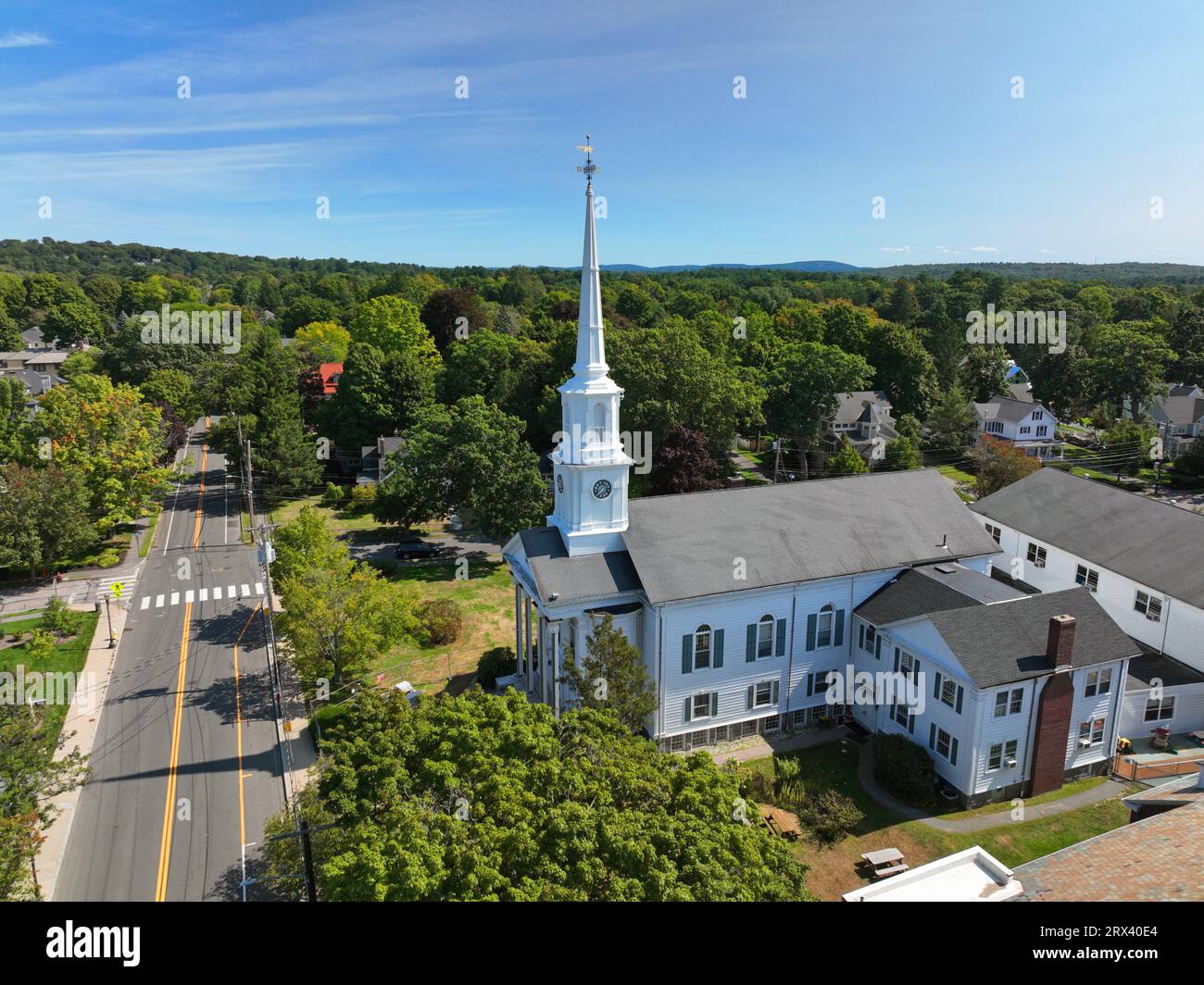 First Baptist Church aerial view at 858 Great Plain Avenue in historic ...