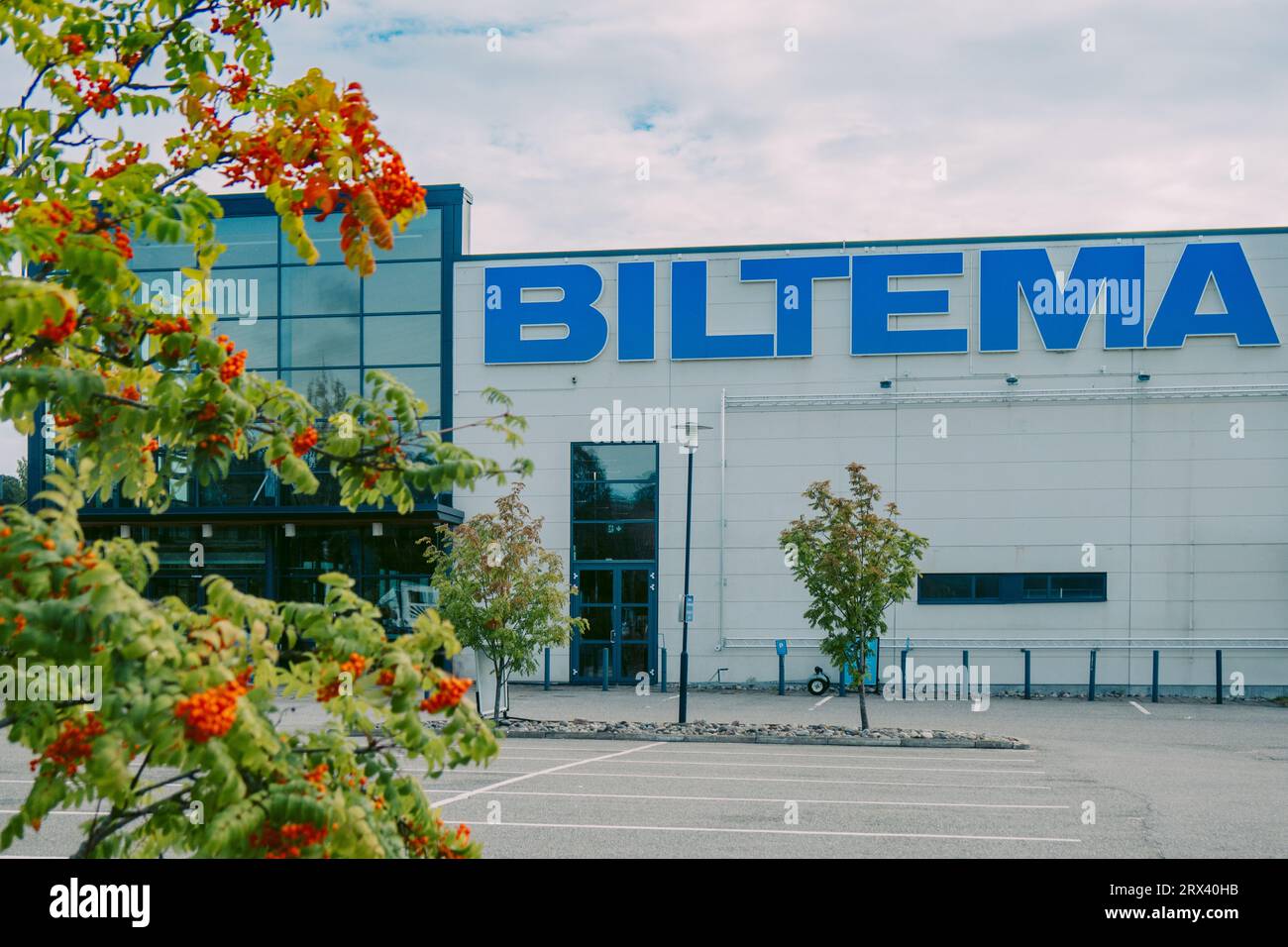 Helsinki, Finland - August 22, 2022: BILTEMA store. Blue sign above ...