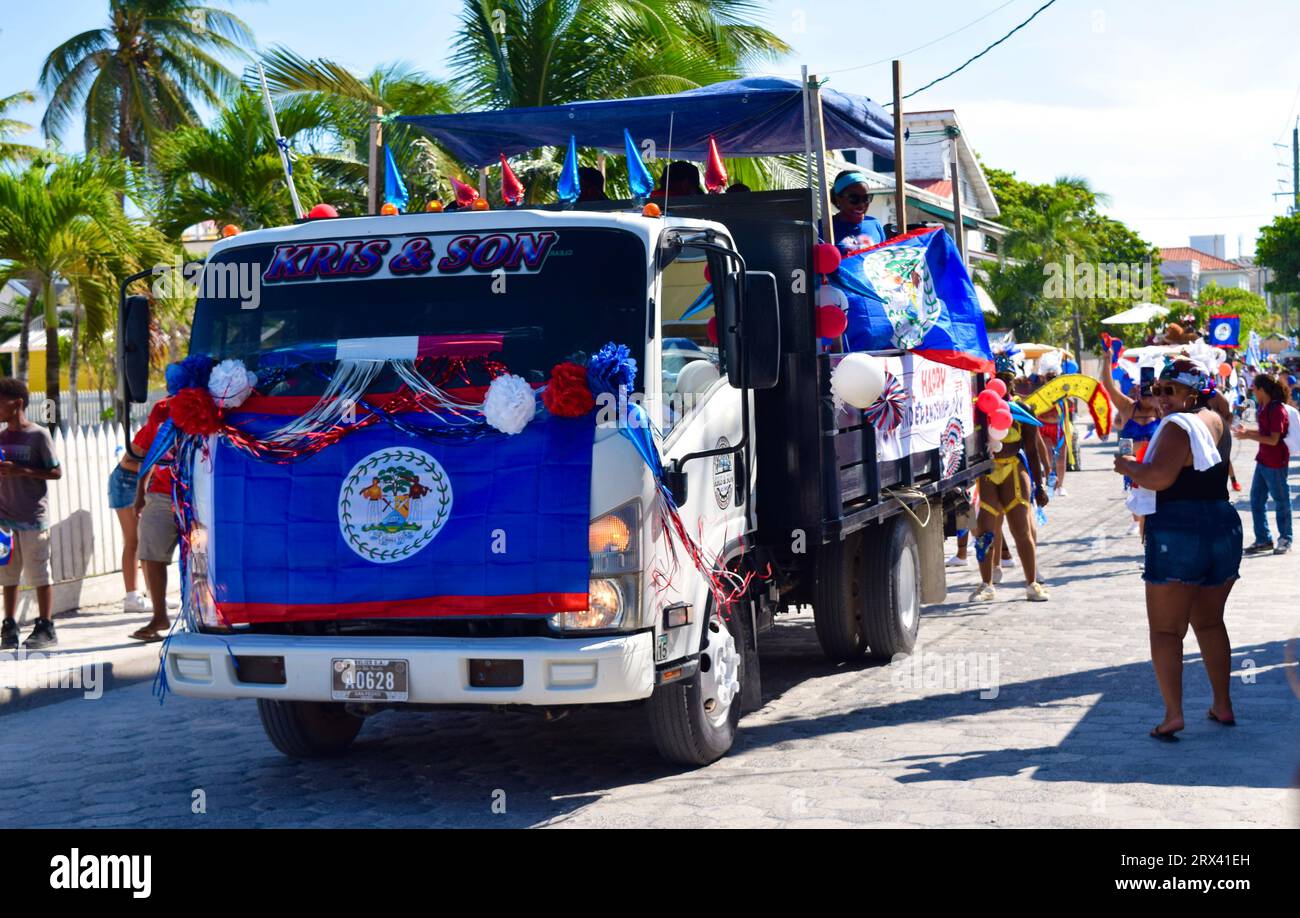 The 2023 San Pedro Town Carnival Parade. A truck decorated with the ...