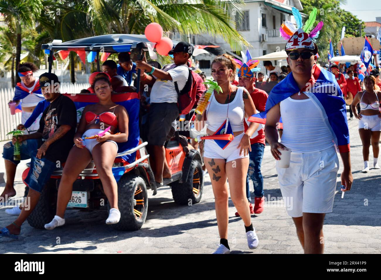 The 2023 San Pedro Town Carnival Parade. Patriotic carnival goers in ...