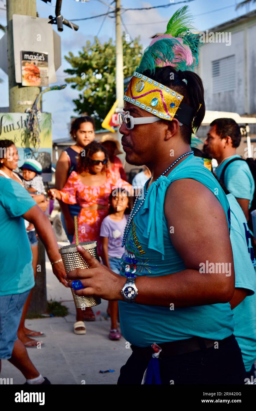 The 2023 San Pedro Town Carnival Parade. A Belizean man taking part in ...