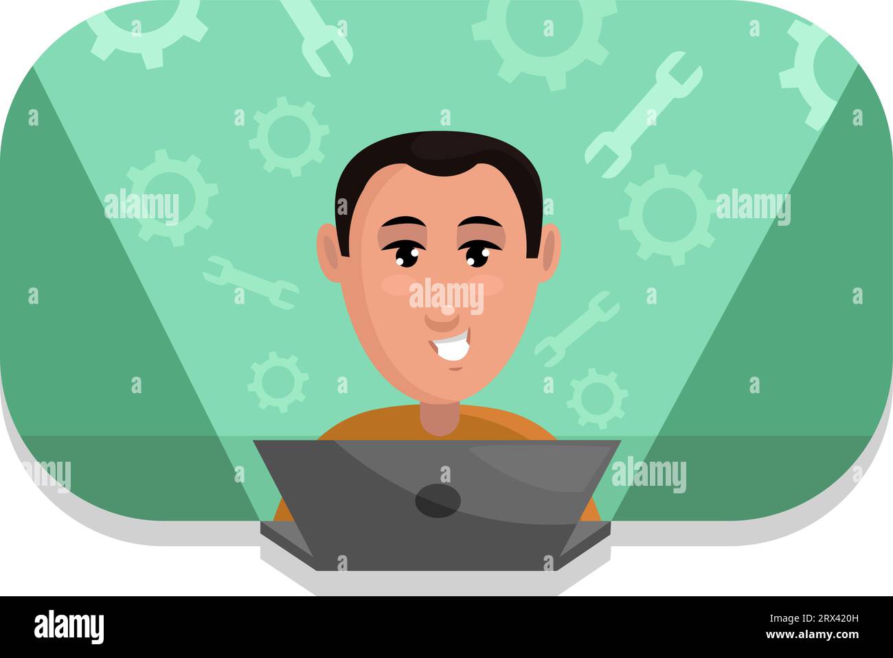 Boy working on a laptop, illustration, vector on a white background ...