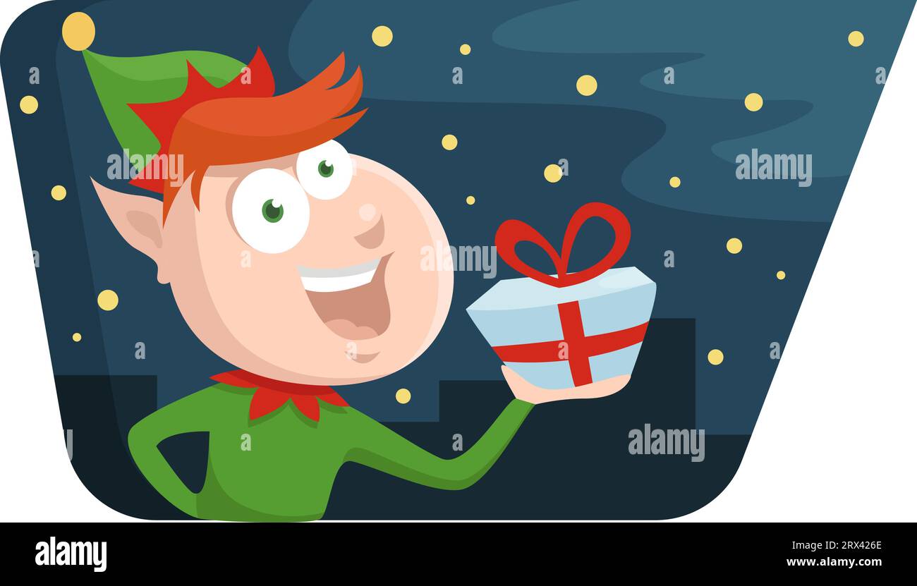 Elf holding a Christmas present, illustration, vector on a white ...