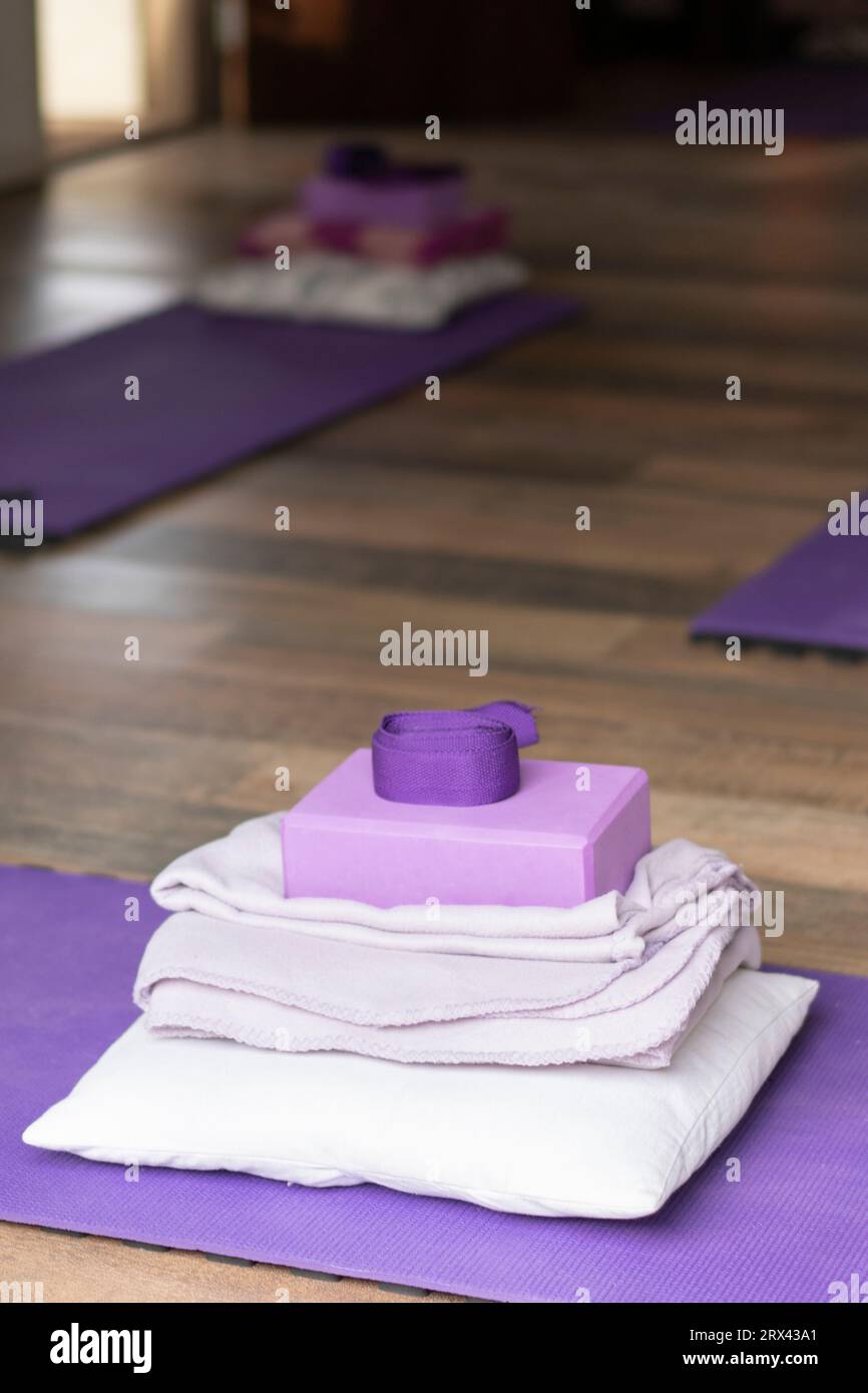 Yoga studio with mats on the floor. Vertical shot Stock Photo - Alamy