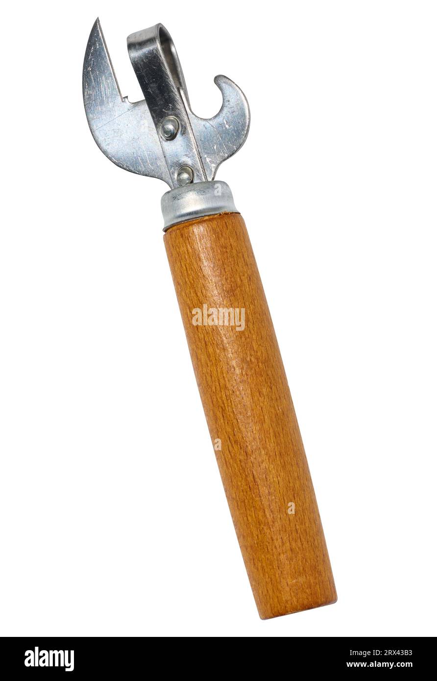 Hand opener for cans, bottles with a wooden handle on a white isolated ...