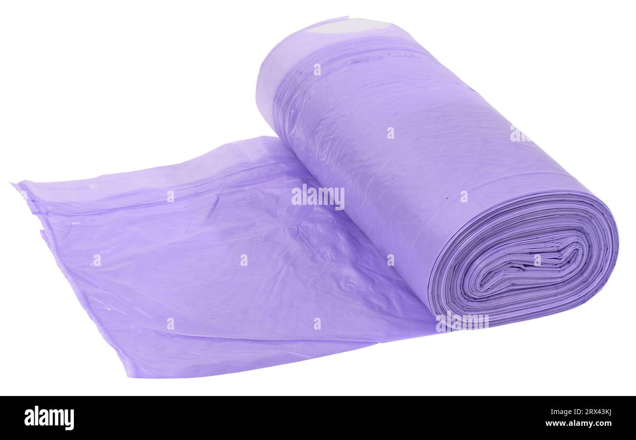 Purple plastic trash bags with strings on white background, close up ...