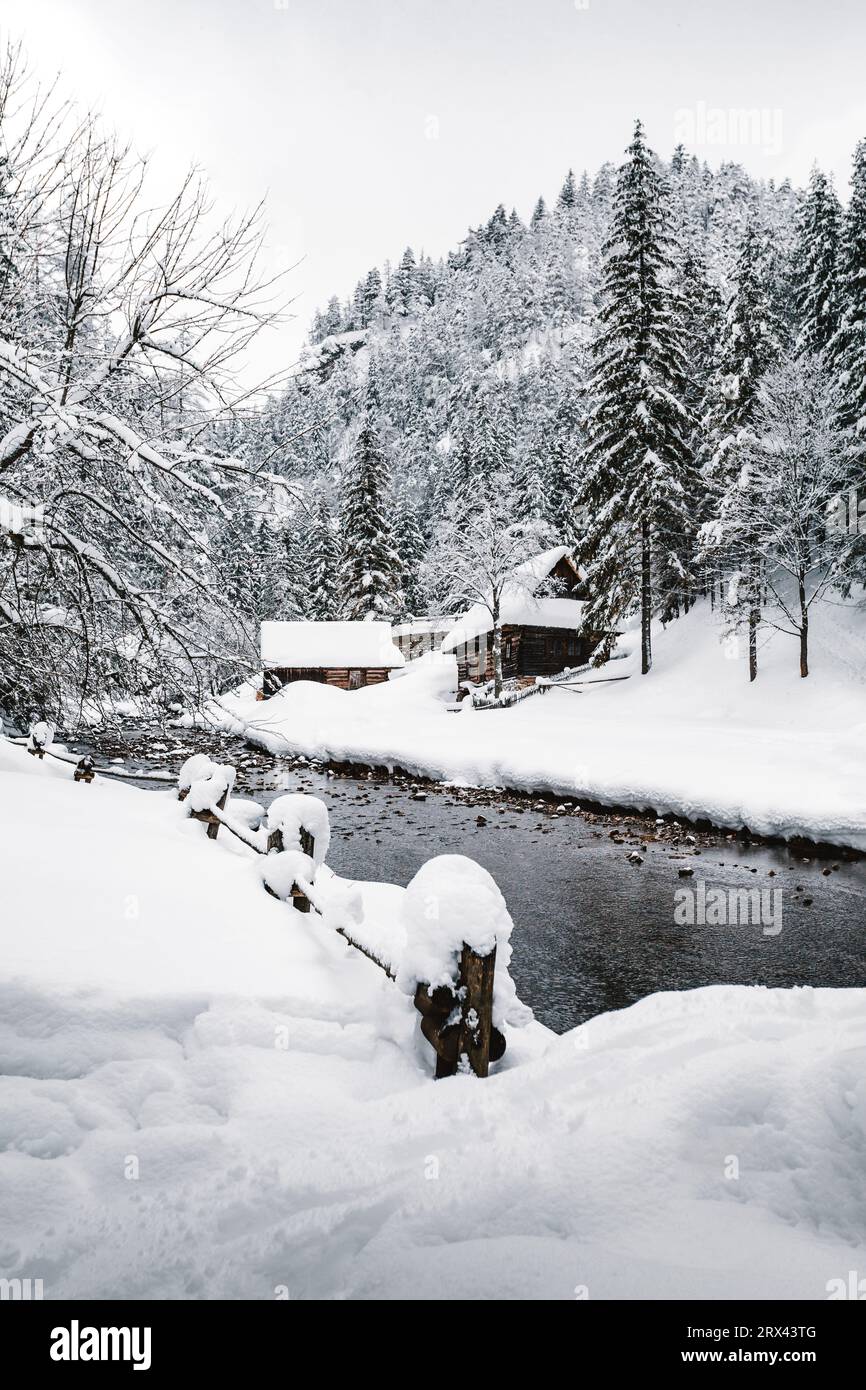 Vertical photo of snow covered and frozen wooden cabins in the middle ...