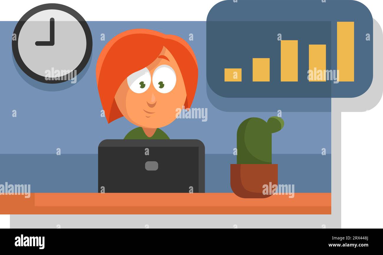 Girl doing nine to five job, illustration, vector on a white background ...