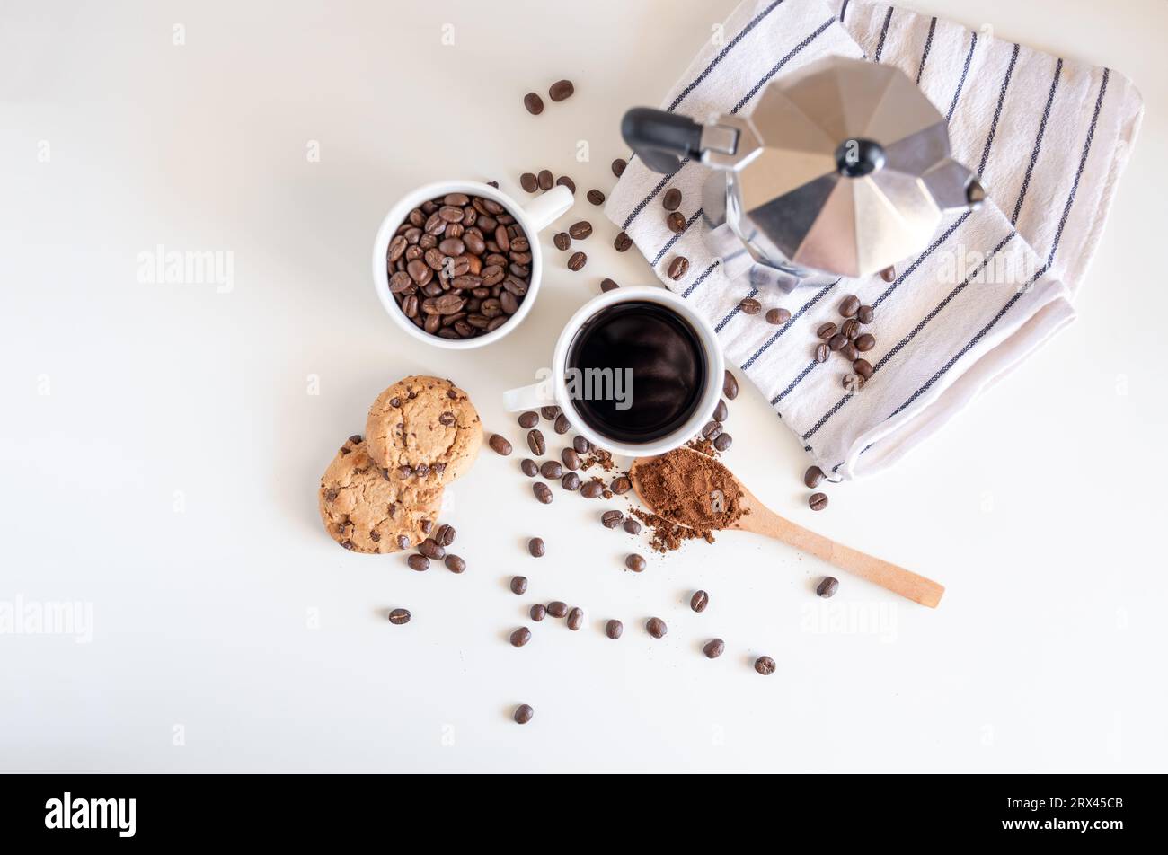 Coffee set of espresso boiler with grounded and beans of coffee on ...