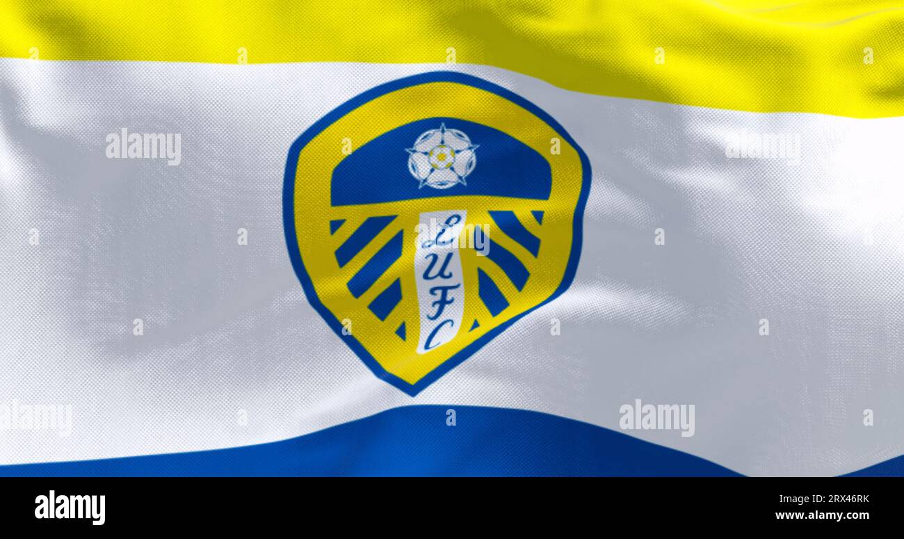 Leeds, UK, Sept 10 2023: Close-up of Leeds United flag waving. White ...
