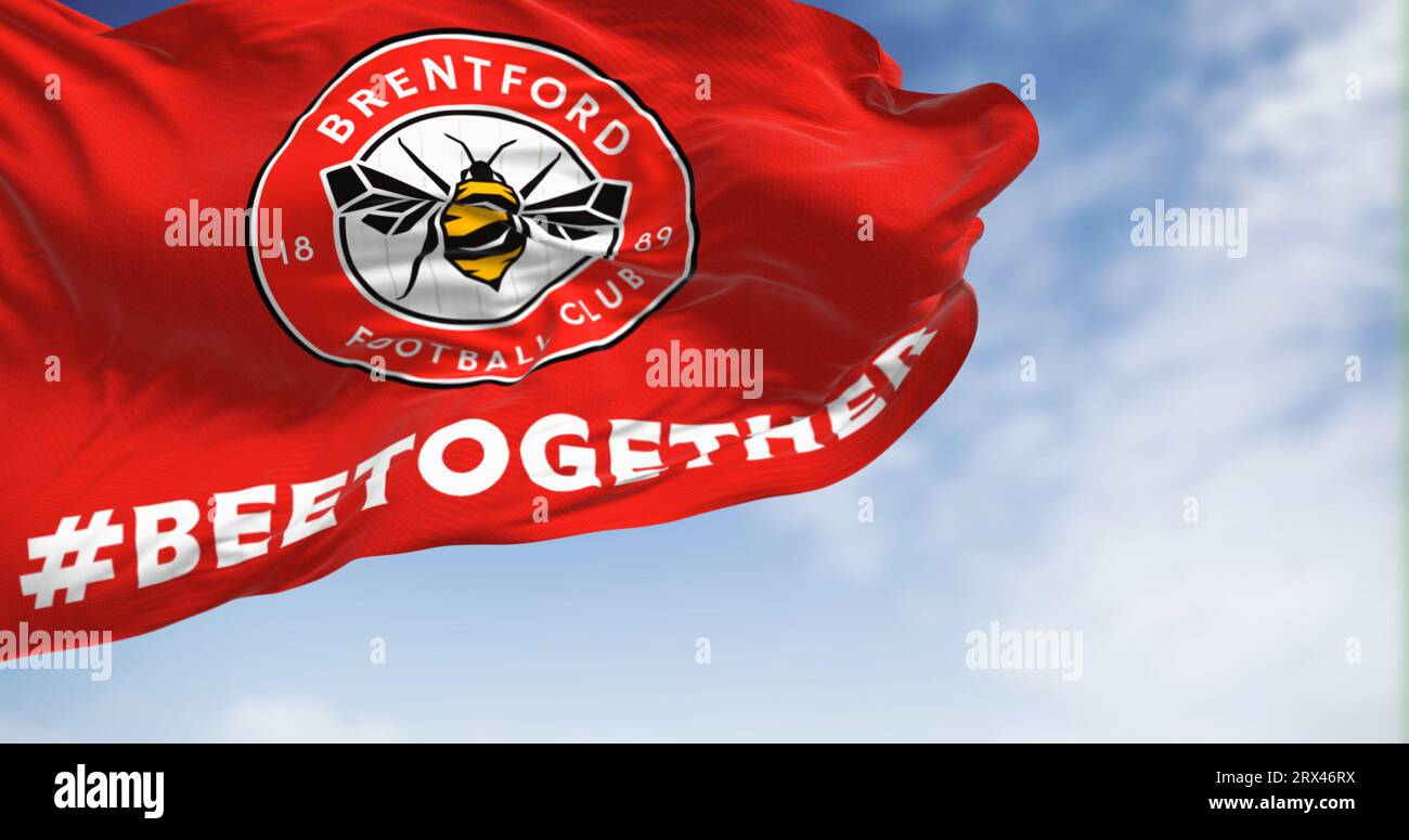 London, UK, Feb 19 2023: Brentford Football Club flag waving in the ...