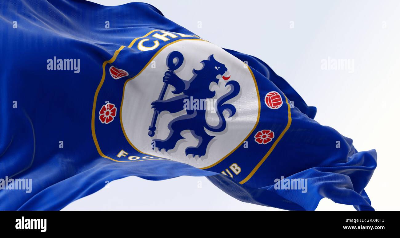 London, UK, Sept 10 2023: Close-up of Chelsea Football Club flag waving ...