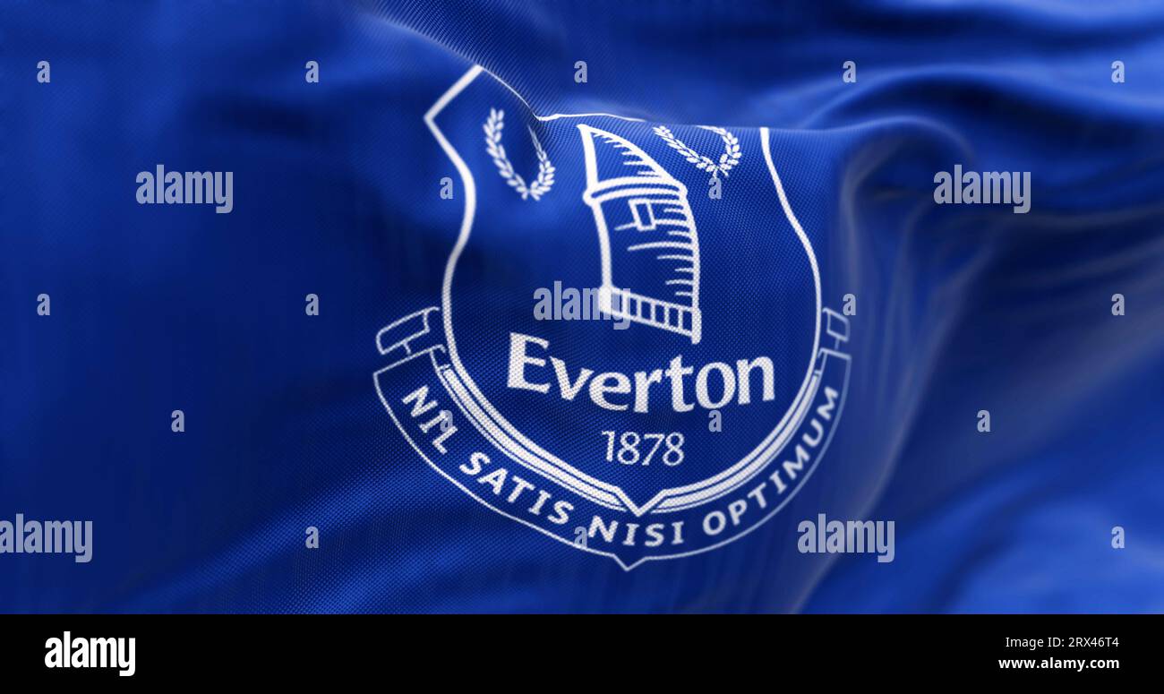 Liverpool, UK, Sept. 21 2023: Close-up of Everton Football Club flag ...