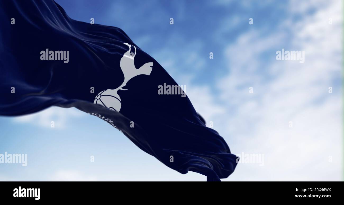 London, UK, aug 30 2023: Tottenham Hotspur flag waving. White cockerel ...