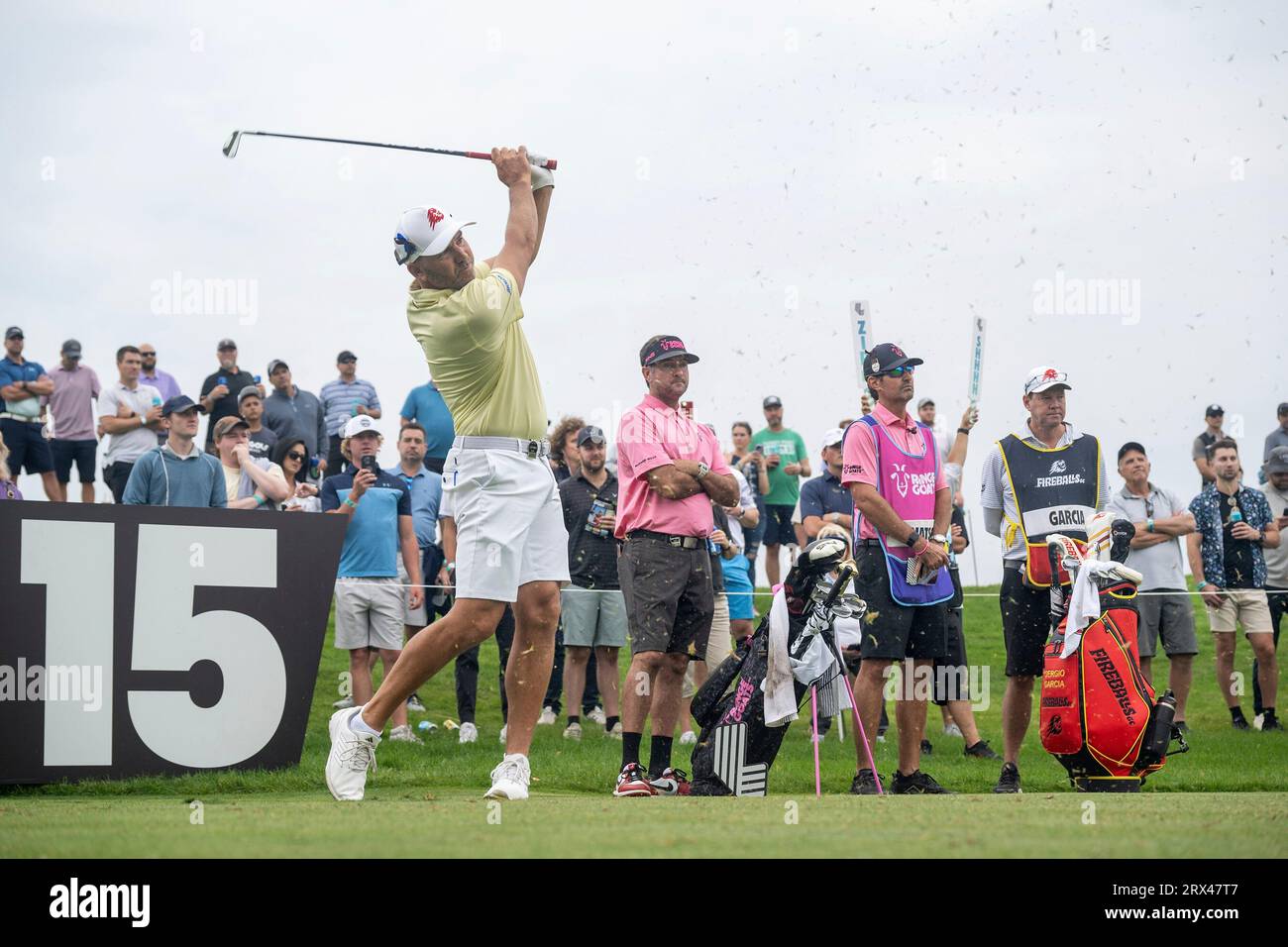 Captain Sergio Garcia of Fireballs GC hits his shot from the 15th tee ...