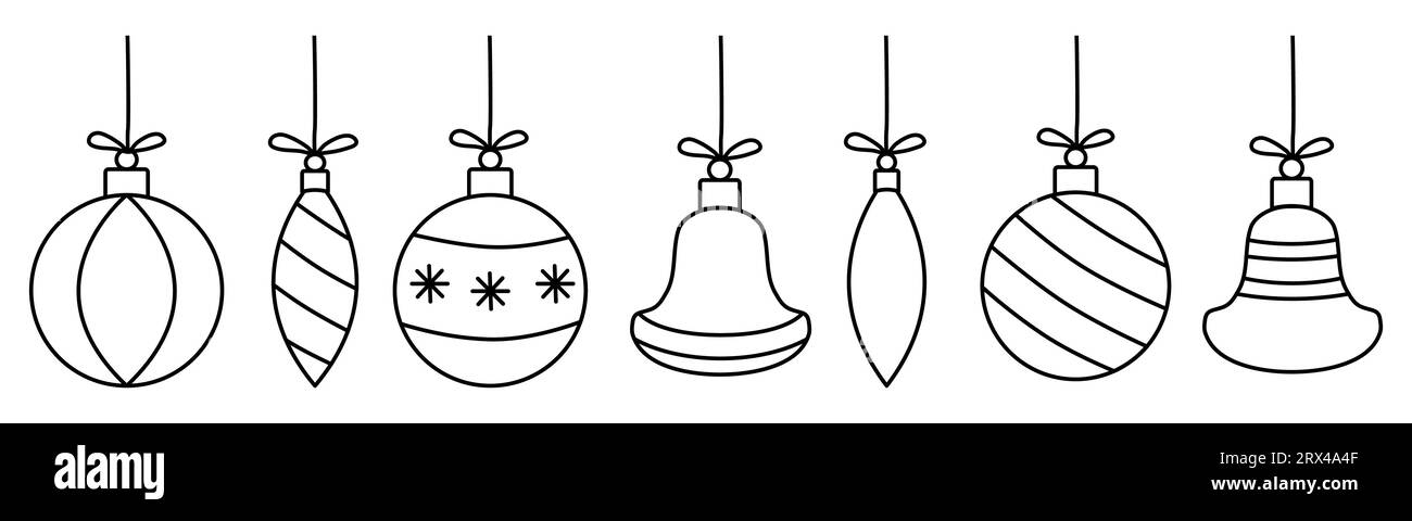 Set of Christmas tree decoration toys, doodle style flat vector outline ...