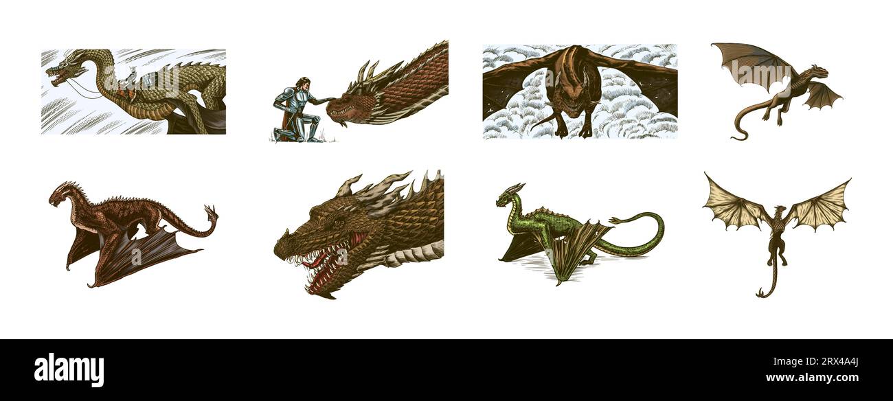 Set of Dragon in Vintage style. Mythological animal or traditional ...
