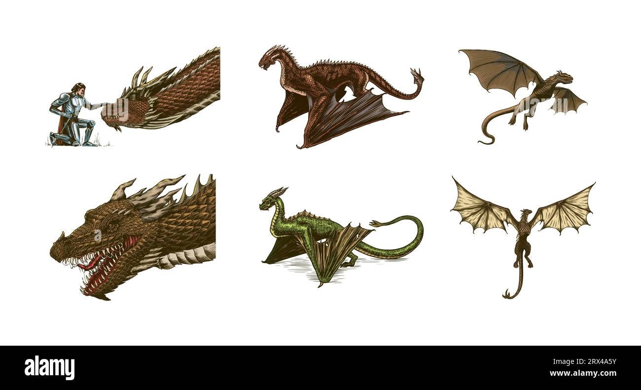Set of Dragon in Vintage style. Mythological animal or traditional ...