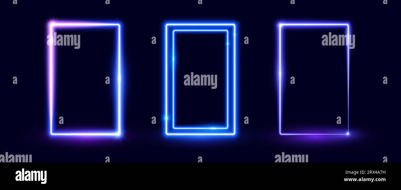 Neon glowing rectangular door set. Blue purple shining rectangle border. Electric light frame ...