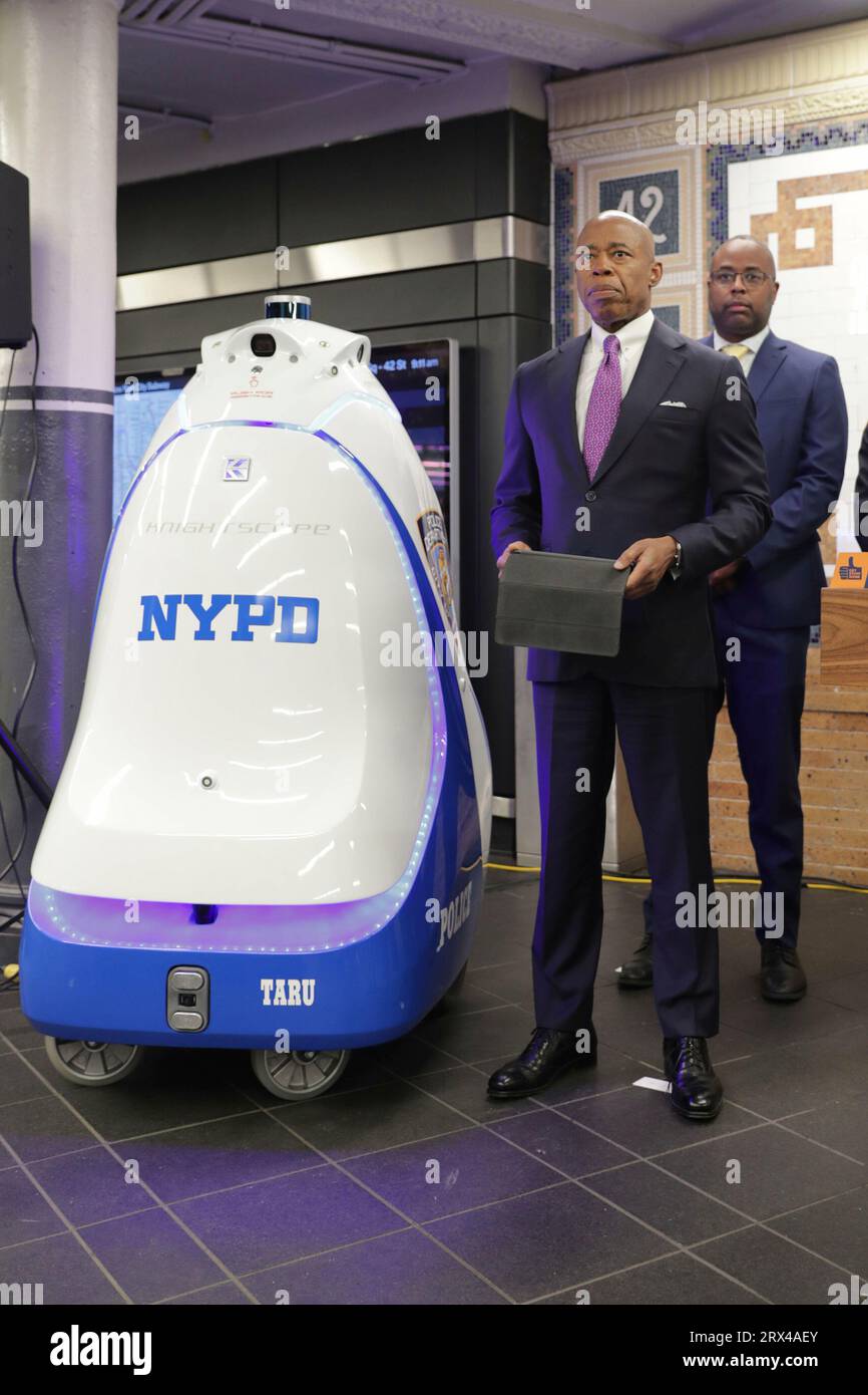 Times Square Subway Station, New York, USA, September 22, 2023 - Mayor Eric Adams makes a public ...