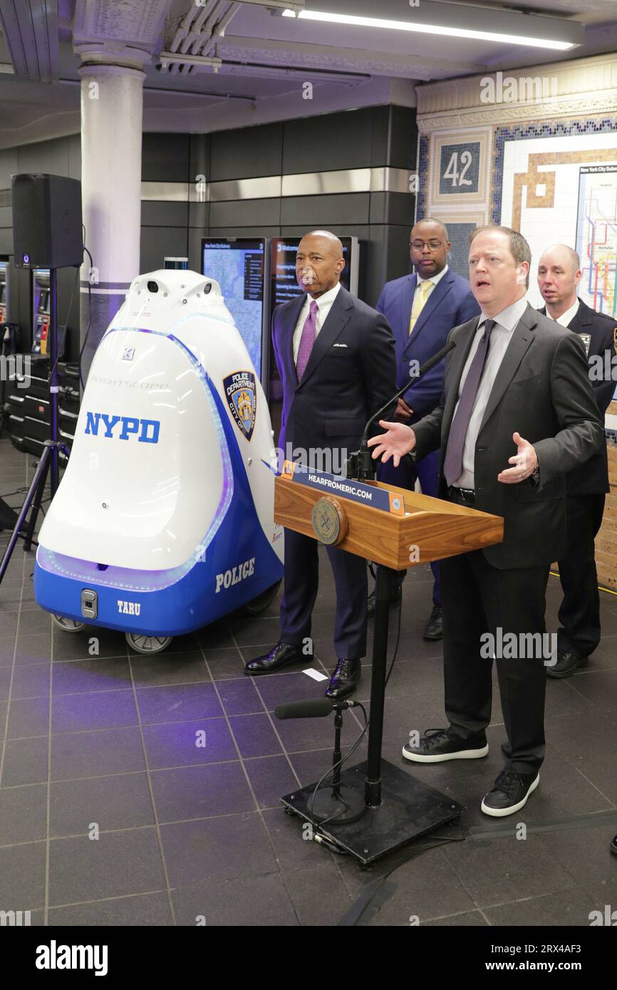 Times Square Subway Station, New York, USA, September 22, 2023 - Mayor Eric Adams makes a public ...