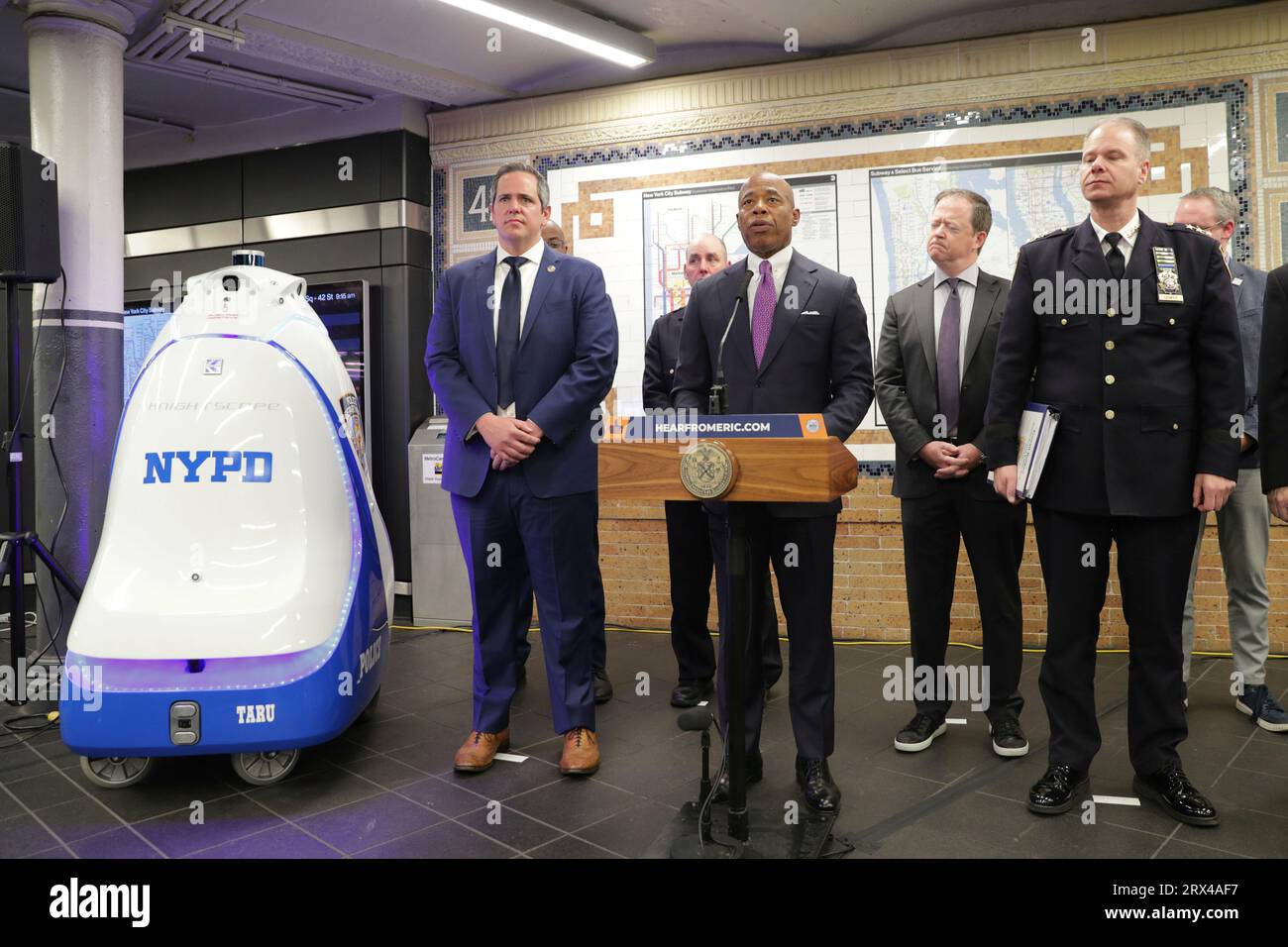 Times Square Subway Station, New York, USA, September 22, 2023 - Mayor Eric Adams makes a public ...